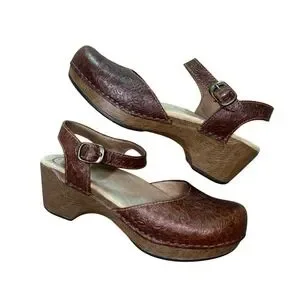 Dansko | Shoes | Dansko Brown Floral Embossed Leather Mary Jane Clog ...